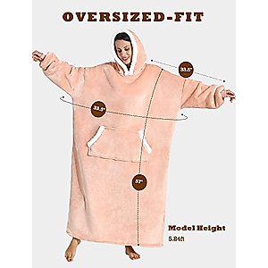 Jugbey Oversized Lengthened Wearable Blanket Hoodie for Women Men,Cozy Fuzzy Sherpa & Fleece Hooded Blankets,Big Blanket Sweatshirt with Sleeves & Giant Pocket Pink