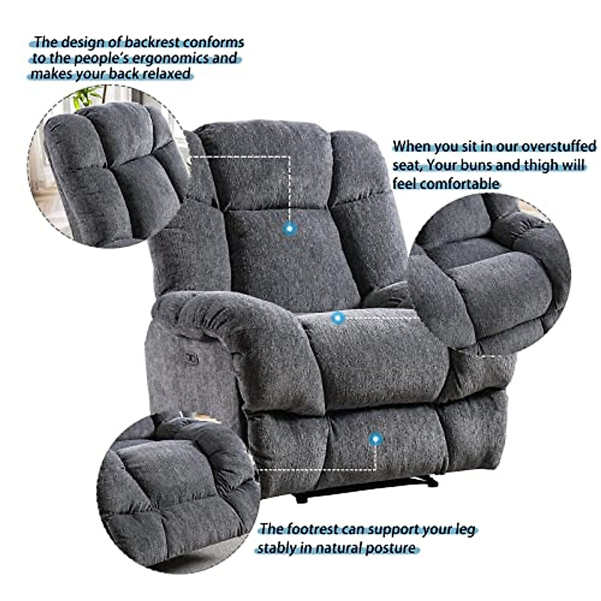 INZOY Electric Power Recliner Chair with USB Charge Port, Electric Reclining Recliner with Upholstered Seat, Overstuffed Single Sofa for Living Room Bedroom, Dark Grey