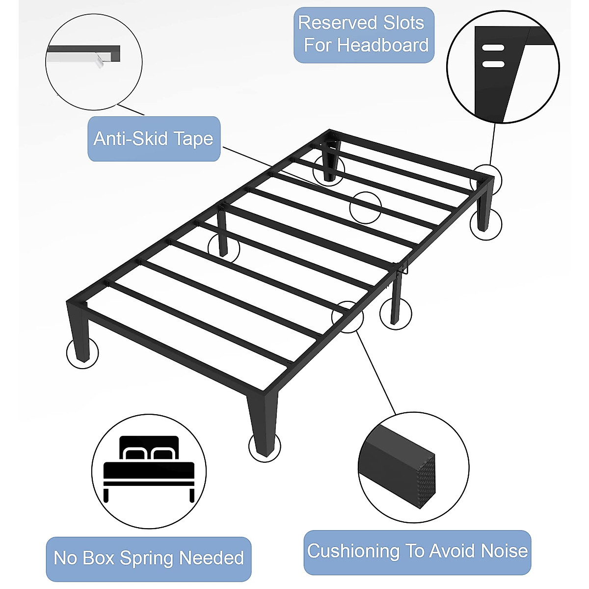 FIRSTHOMES Bed Frame/ Twin Bed/ Twin Platform Bed Frame / Twin Size Metal Bed Frame with Steel Slats / No Box Spring / 12" Metal Bed Frames / Easy Assembly/ Without Headboard- Black