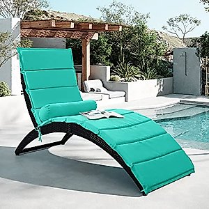 EMKK Patio Adjustable Sun Lounger Modern Wicker Chair, PE Rattan Sunbed for Pool Poolside Outdoor Foldable ChaiseLounger with Removable Cushion and Bolster Pillow, Blue ABCD