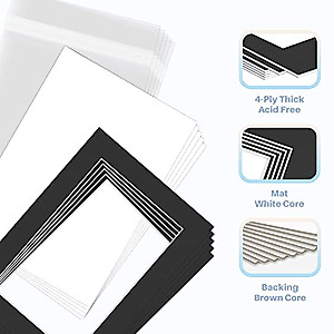 AUEAR, 5 Pack Black 5X7 Bevel Cut White Core Picture Mat for 4X6 Photo/Print/Artworks - 5 Pre-Cut Acid Free Picture Frame Mat + 5 Backing Board + 5 Clear Bag
