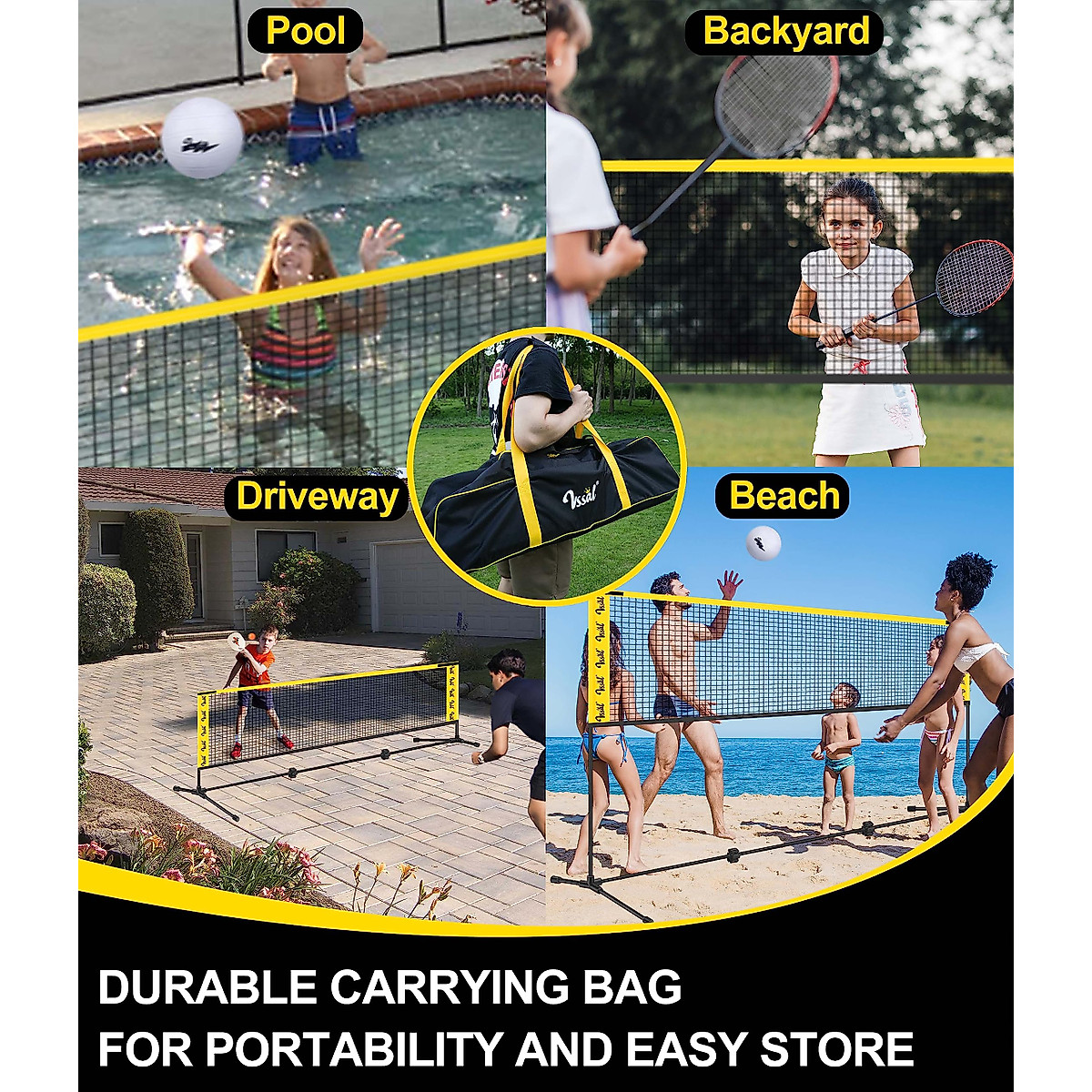 VSSAL 10FT Portable All-in-One Badminton, Pickleball and Volleyball Net Set Half Court (10ft Wide x 7ft max Height) Small Outdoor Sports Set with Adjustable Net for Backyards Beach or Driveway Games