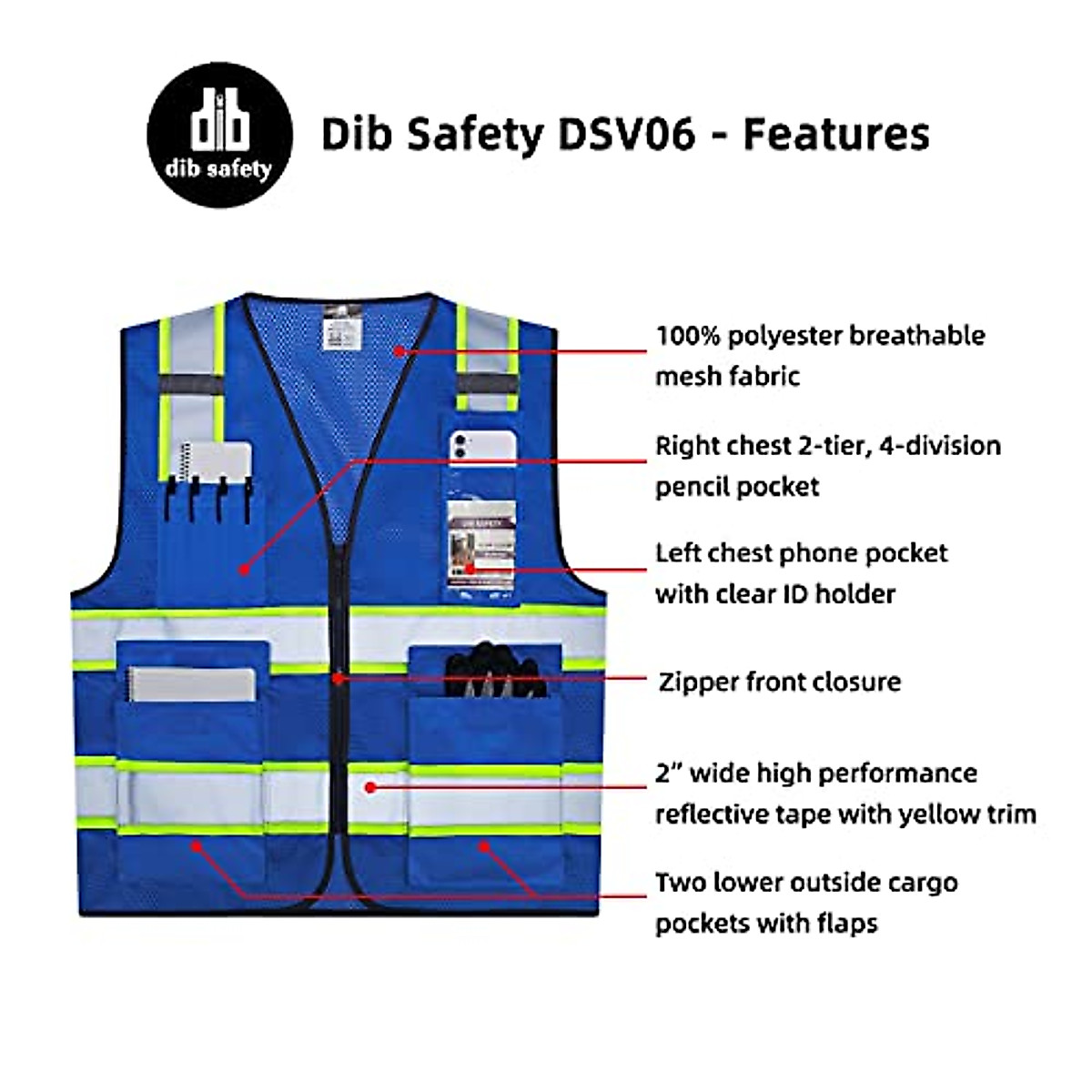 Dib Safety Reflective Mesh Vest High Visibility Two Tone with Pockets and Zipper, Blue Mesh with Yellow Trim L