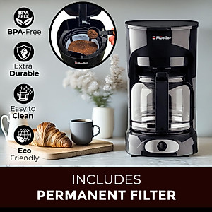 Mueller 12-Cup Drip Coffee Maker, Auto Keep Warm Function, Smart Anti-Drip System, with Permanent Filter and Borosilicate Glass Carafe, Clear Water Level Window Coffee Machine