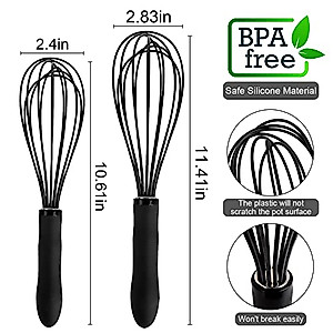 DIGHEIGG Silicone Whisk for Cooking, Wisk Set Egg Beater for Non-Stick Cookware for Whisking, Blending, Beating, Frothing & Stirring Kitchen Decor and Accessories, Black, Set of 2