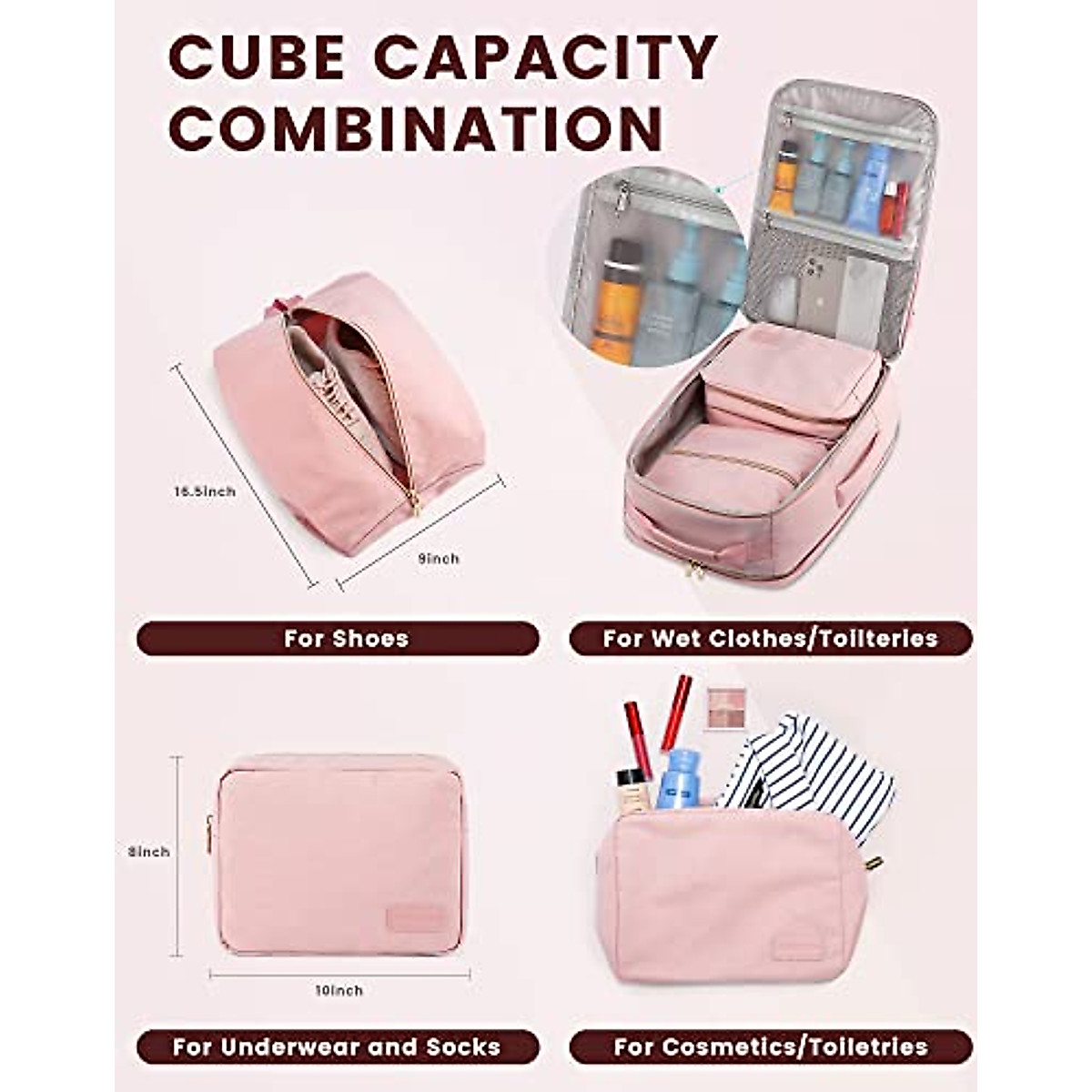 LOVEVOOK Travel Backpack Women, Carry On Backpack as Personal Item Flight Approved, TSA 17.3inch Laptop Backpack with 3 Packing Cubes College Casual Daypack for Weekender Overnight Hiking, Pink