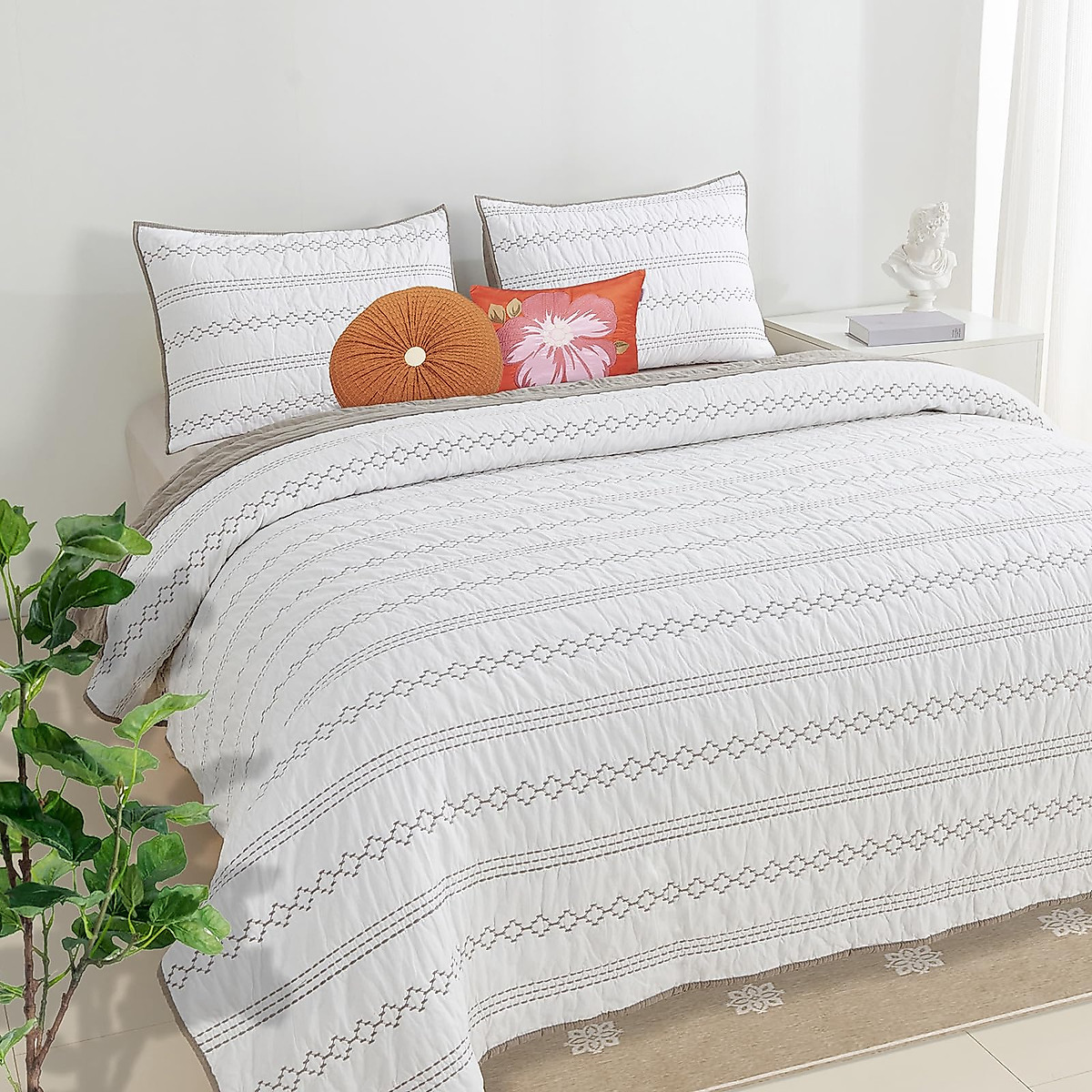 Querencia Cotton Quilt King Size - Embroidered Light Weight Quilt for Summer, Striped Quilt Cotton Coverlet, Quilted Comforter Set Gray Bedspread Farmhouse Bedding Cali, 3 Piece (Opal Grey & White)