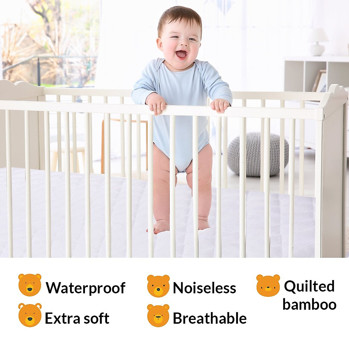 Mini Crib Mattress Protector 100% Waterproof, Noiseless – Viscose Made from Quilted Ultra Soft White Terry Fitted Sheet Style (27”X39”)