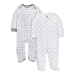 Lamaze Baby Super Combed Natural Cotton Sleep n Play, Zipper and Snap Closure Footed Sleepwear, 2 Pk, Grey Moon and Stars, 9 Months