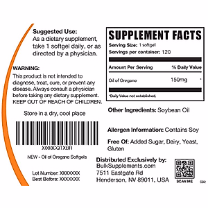BULKSUPPLEMENTS.COM Oil of Oregano Softgels - Oregano Oil Supplements, from Wild Oregano Oil - 150mg of Oregano Essential Oil per 1 Softgel Serving - Oregano Oil Capsules (120 Softgels)