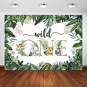 Avezano Safari Wild One Backdrop for Boy Jungle Animal First Birthday Party Photography Background Green Gold Wild One 1st Birthday Photoshoot Party Decorations Backdrop (7x5ft)