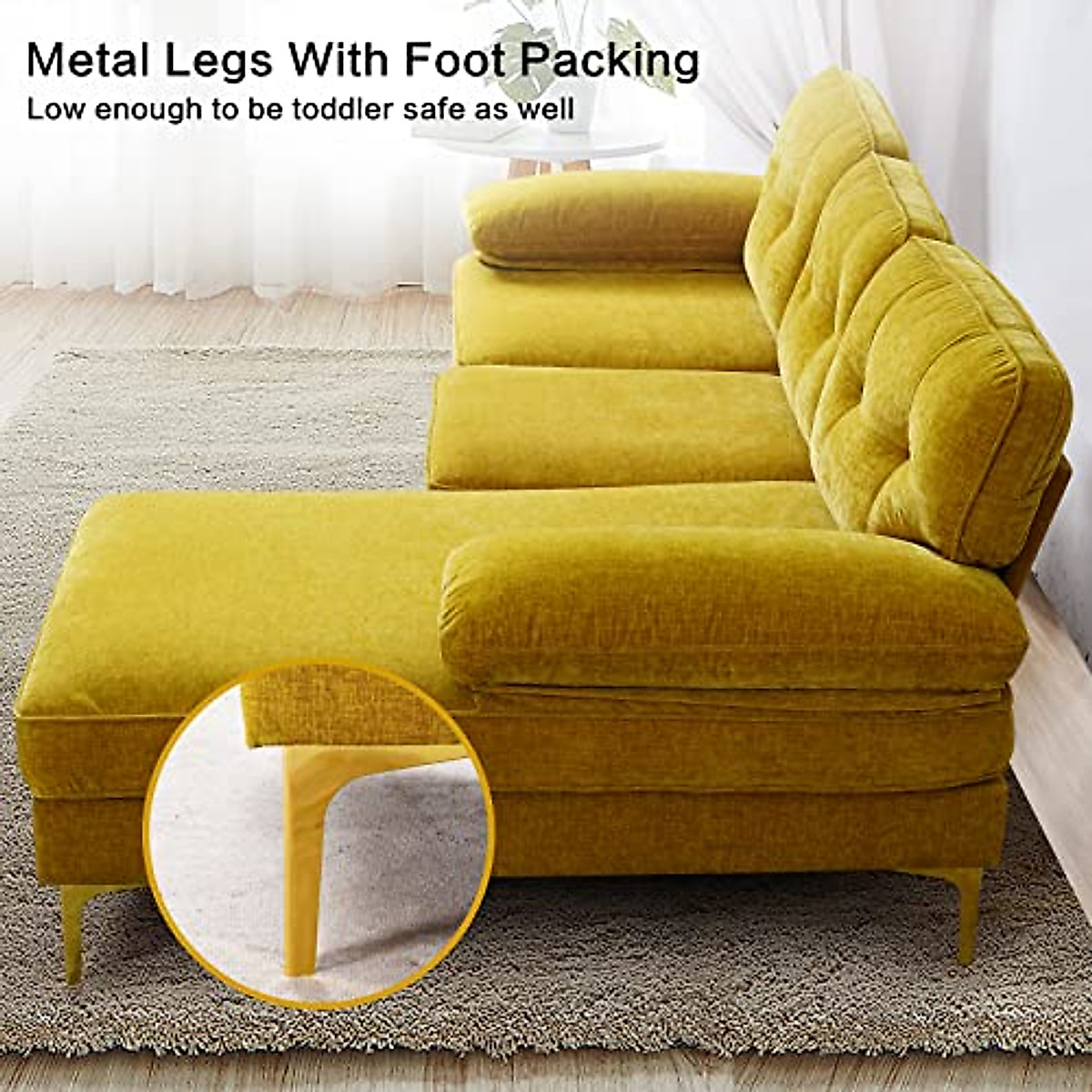 LANELIFE 79" W 3-Seat Sofa, L Shaped Sectional Sofa Bed,with Extra Wide Chaise Lounge and Gold Legs, Chenille Couch for Living Room, Apartment and Small Space (Golden)