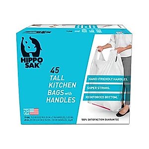 Hippo Sak HippoTrash45Count Tall Kitchen Trash Bag with Handles, White, 13 Gallon