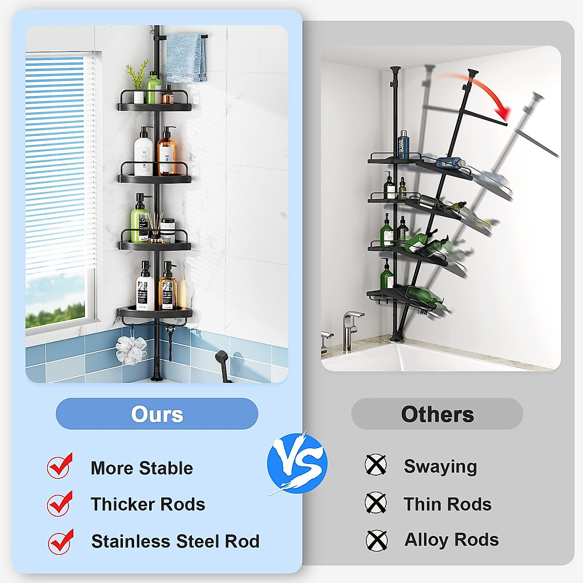 Roleader Corner Shower Tension Pole: Rust Proof 4Tier Shampoo Storage Organizer for Inside Shower-Telescoping Rod Rack Bathroom and Bathtub-Restroom Floor Standing Bath Holder Black