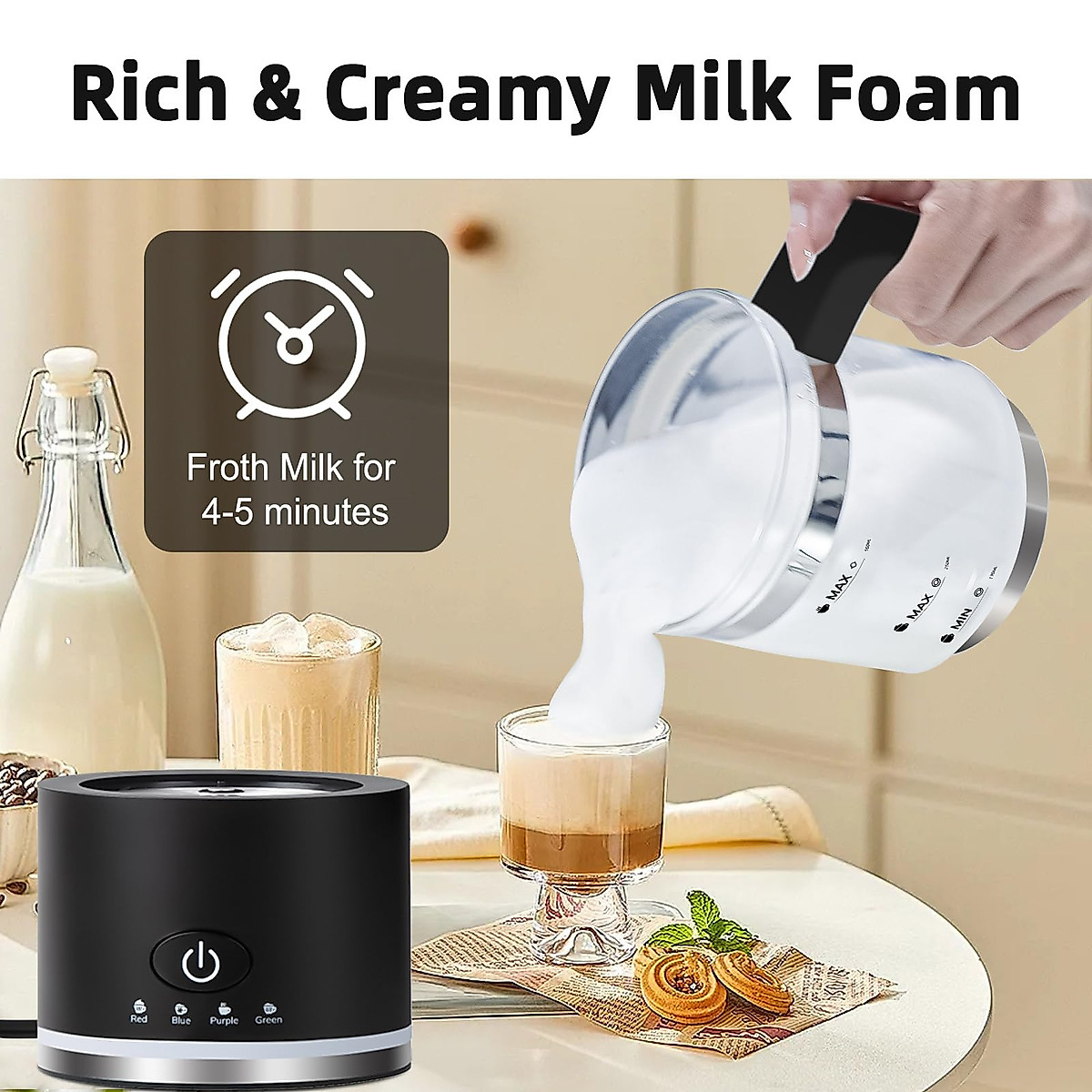 Electric Milk Frother, 4 in 1 Milk Frother and Steamer, Milk Steamer,16.9OZ/500ml Automatic Warm and Cold Foam Maker for Coffee,Latte, Cappuccino, Macchiato, Hot Chocolate, Dishwasher Safe (Black)