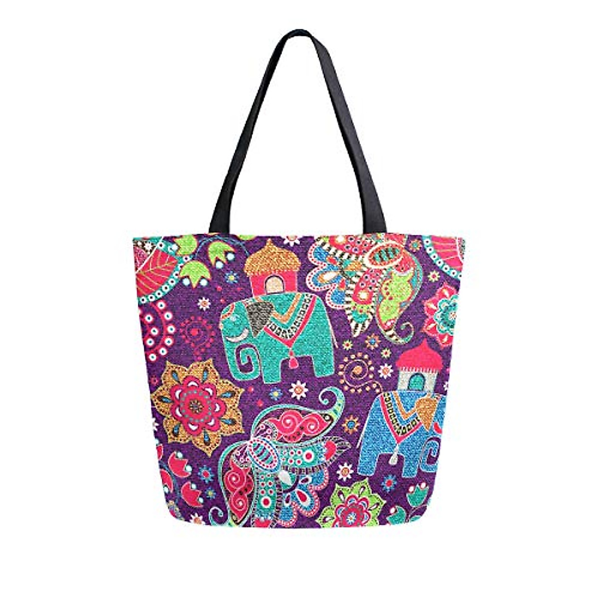 ALAZA Large Canvas Tote Bag Cute Indian Floral Elephant Shopping Shoulder Handbag with Small Zippered Pocket