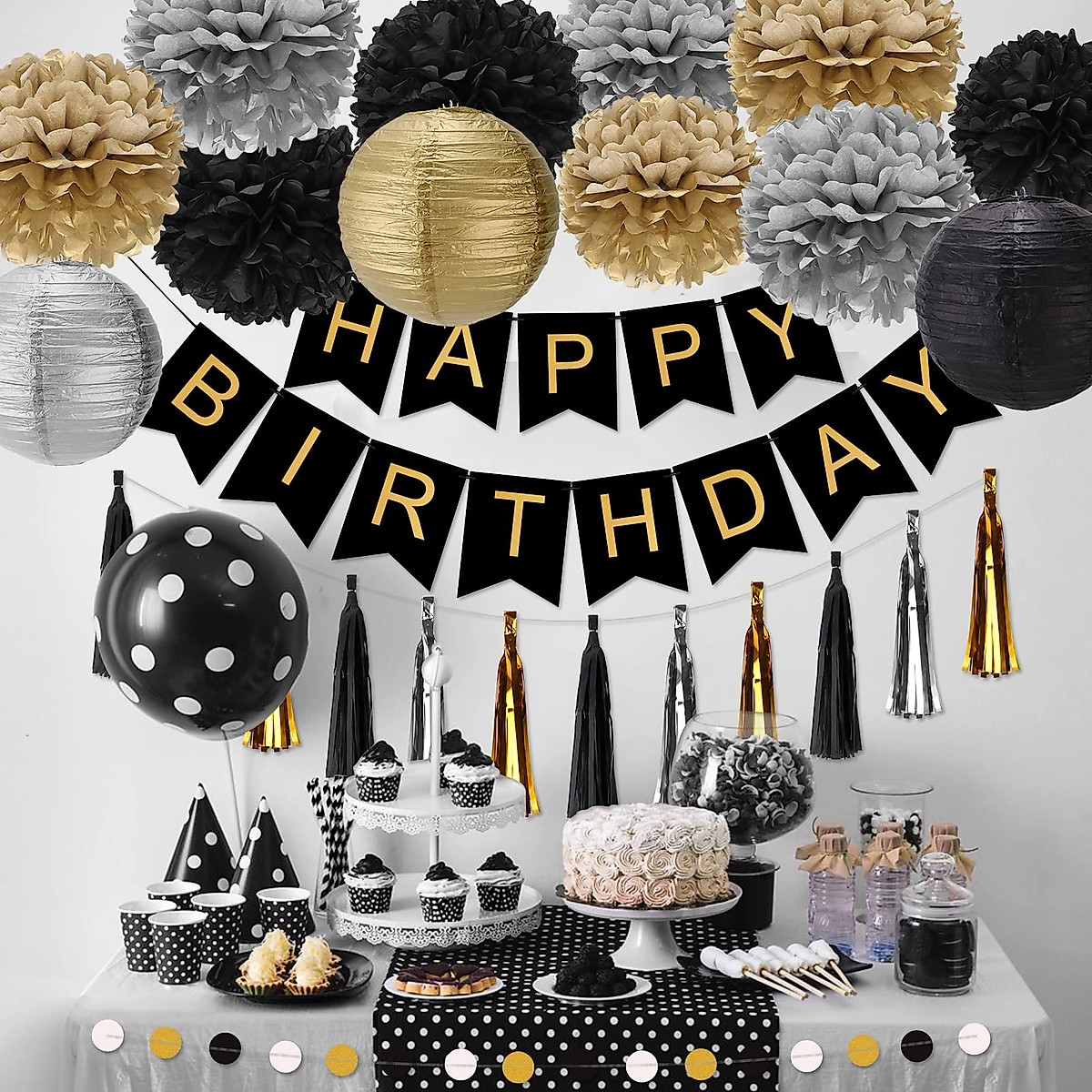 meowtastic Purple Birthday Party Decorations, Happy Birthday Banner with Tissue Pom Poms, Tassel Garland, Paper Lanterns, Circle Dot Garland, Purple and Pink Happy Birthday Decoration for Women Girls