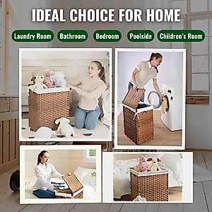 BKSFOAA Laundry Basket with lid, (26.4-Gallon)100L Wicker Laundry Hamper Foldable 2 Removable Liner Bags, Handwoven Rattan Laundry Baskets with Handles, ISO 9001:2015 - Factory Certified, Brown