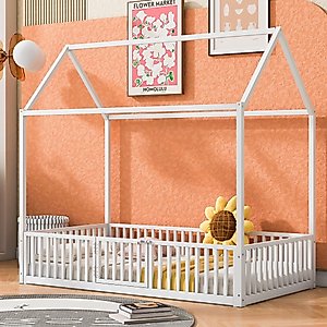 Merax Twin Size Montessori Floor Bed, Metal House Bed Frame with Roof for Kids, Teens, Girls, and Boys, No Box Spring Needed, White