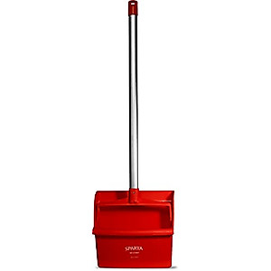 SPARTA Upright Dustpan with Aluminum Handle, Serrated Edge for Broom Combing, Secure Yoke Lock with Easy Storage Hanging Hole for Commercial Cleaning, Plastic, 30 Inches, Red