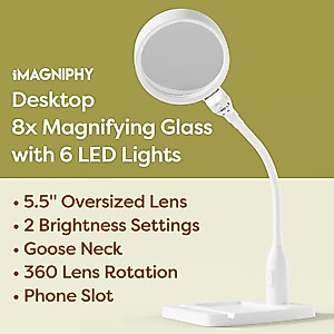 iMagniphy 8X Desk Magnifier with Light- Desktop Magnifying Glass with Light and Stand- Great to Repair Tech Gadgets & Hands-Free Reading, Crafts- Magnifying Desk Lamp with 6 LED Lights & Sturdy Base