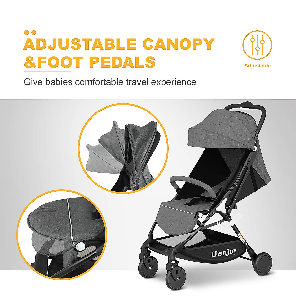 Uenjoy Baby Stroller One-Click Foldable Lightweight Stroller, with Lockable Universal Wheels, Five-Point Safety Belt, Adjustable Awning, Variable Seat and Recliner,Gray