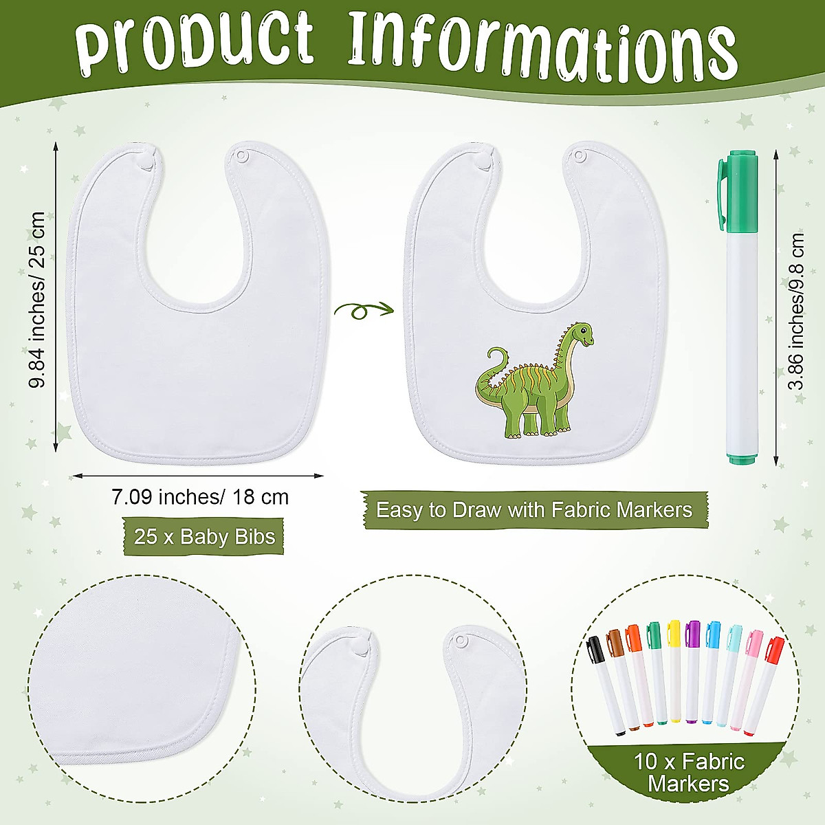 Qunclay 37 Pcs Baby Shower Games 1 Baby Shower Game Sign 25 DIY White Bibs for Boys Girls Guest Design Game with 10 Fabric Markers Baby Shower Keepsake for Guest New Parents(Leaf)