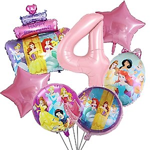 Princess Party 3rd Birthday Balloon Bouquet Decorations 7PCS Princess Foil Balloons For Girls Birthday Baby Shower Princess Themed Party Decorations (4th Birthday)
