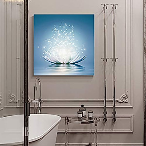 Lotus Bathroom Decor Canvas Wall Art Painting,Abstract Blue Lotus Flower Meditation Canvas Prints Artwork Home Decor for Living Room, Kitchen, Office, Framed Ready to Hang