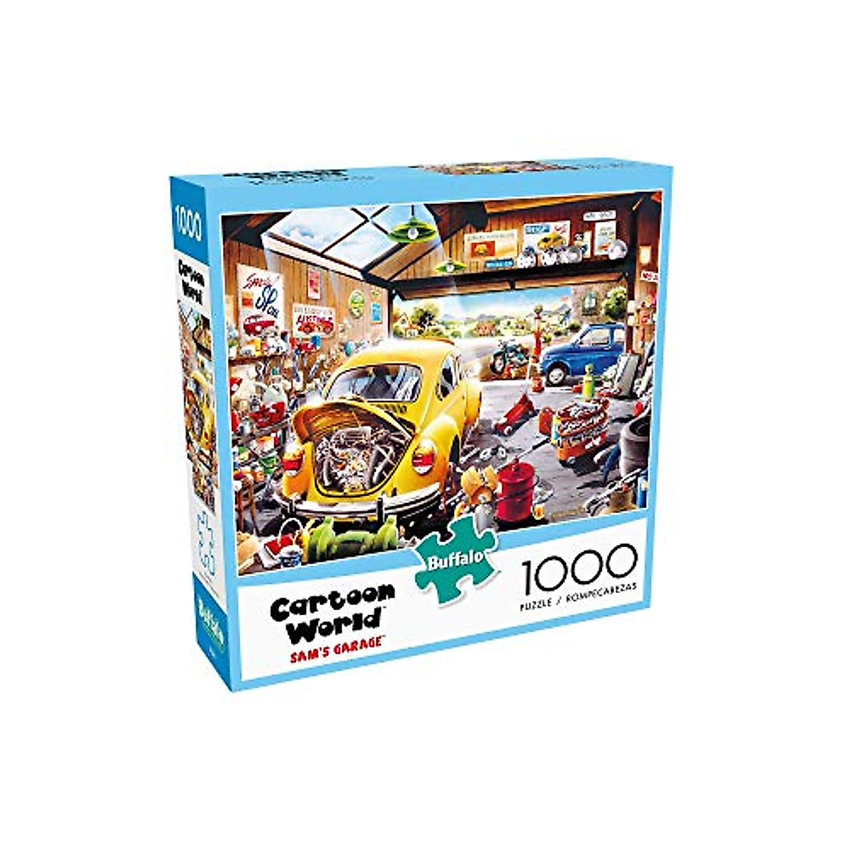 Buffalo Games - Hiro Tanikawa - Cartoon World - Sam's Garage - 1000 Piece Jigsaw Puzzle Yellow, Red, Brown, 26.75"L X 19.75"W