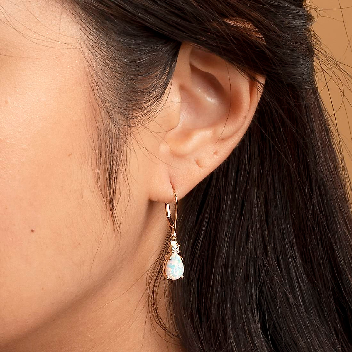 Peora 14K Yellow Gold Created White Fire Opal and Genuine Diamond Teardrop Leverback Earrings for Women, 2.10 Carats total Pear Shape 9x6mm, Dainty Fire Opal Jewelry, October Birthstone Earrings