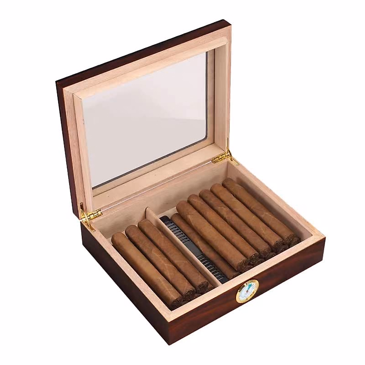 Handmade Humidor up to 25 Corona-Size Cigars, Glass Top Cigar Humidor Box, 100% Spanish Cedar Wood, Luxury Desktop Humidor with Hygrometer and Humidifier, High Gloss Walnut Finish.