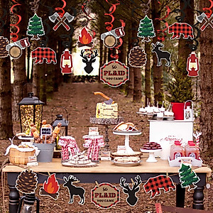 Levfla 30CT Lumberjack Party Hanging Swirls Decoration Buffalo Plaid Kids Birthday Photo Props Camping Ideas Bears Cutouts S'More Fun Door Whirls Signs Baby Shower Favor Supplies