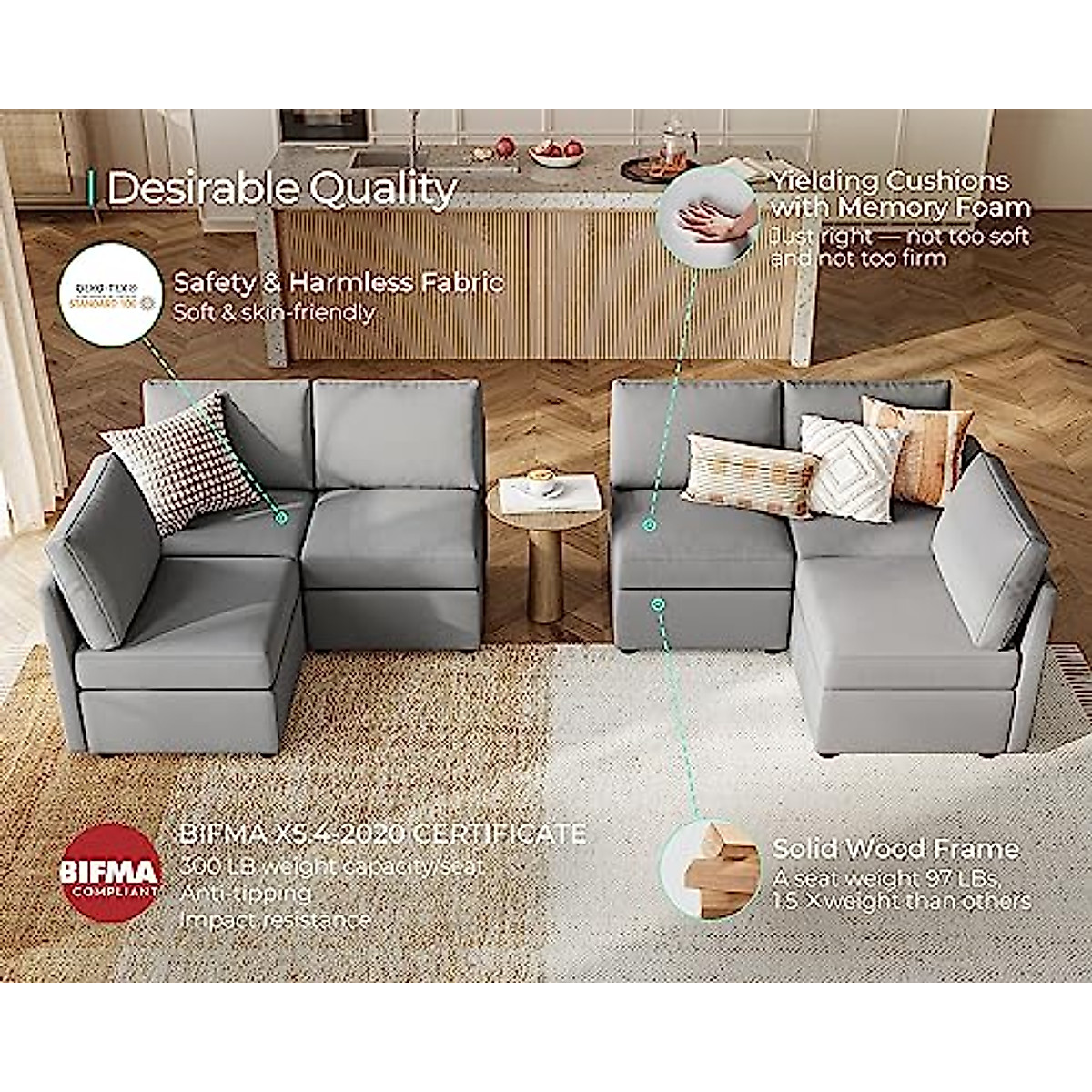 LINSY HOME Modular Sectional Sofa, Convertible U Shaped Sofa Couch with Storage, Memory Foam, Modular Sectionals with Ottomans, 6 Seat Oversized Sofa Couch with Chaise for Living Room, Grey