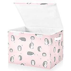 Ollabaky Cute Smiling Hedgehogs Pink Foldable Storage Bin with Lid Storage Box Large Cube Organizer Containers Baskets with Handles for Closet Organization, Shelves, Toys, Clothes