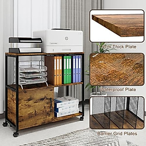 PUNCIA Mobile Wood Lateral File Archive Folder Cabinets with 3 Compartments Rack for Binder Storage Rolling Filing Printer Cabinet with Wheels and Open Storage Shelves for Home Office