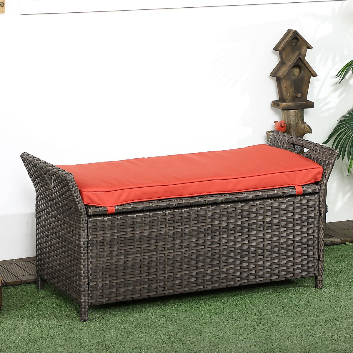 Outsunny 27 Gallon Patio Wicker Storage Bench, Outdoor PE Rattan Patio Furniture, 2-in-1 Large Capacity Rectangle Garden Storage Box with Handles and Cushion, Red