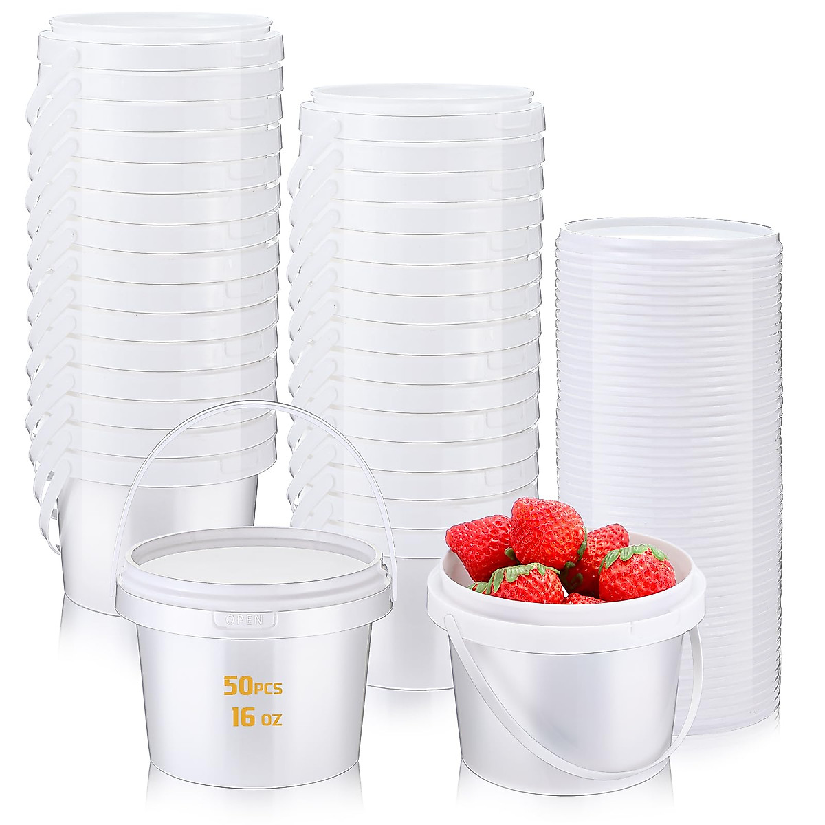Mifoci 50 Pcs 16 oz Round Plastic Bucket with Lids and Handle Reusable Ice Cream Containers Small White Bucket Plastic Tub Freezer Airtight Food Storage Containers for Kitchen Drinks Home