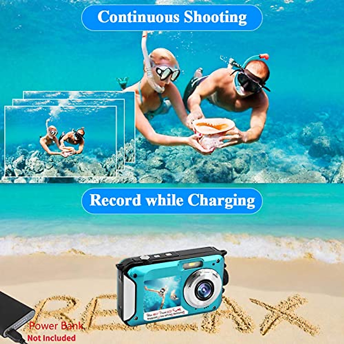 Waterproof Camera Compact Underwater Cameras 48MP 2.7K Full HD Video Recorder 10FT Selfie Dual Screens Waterproof Digital Camera for Snorkeling