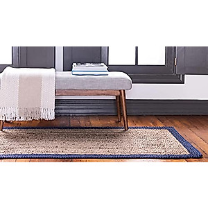 Agro Richer Rug Beige Blue Border Jute Hand Braided Rectangle Shape Home Living Room Living Room Farmhouse Carpet Rag Rug (180 x 240 Cm (6x8 Feet))