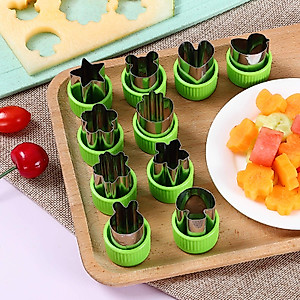 Vegetable Cutters Shapes Set, 12pcs Stainless Steel Mini Cookie Cutters, Vegetable Cutter and Fruit Stamps Mold + 20pcs Cute Cartoon Animals Food Picks and Forks -for Kids Baking and Food Supplement