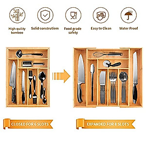 NA Bamboo Drawer Organizer, Expandable Silverware Holder, Cutlery Tray Flatware Organizer, Storage and Dividers for Knives Forks Kitchen Utensils, 6-8 Slots