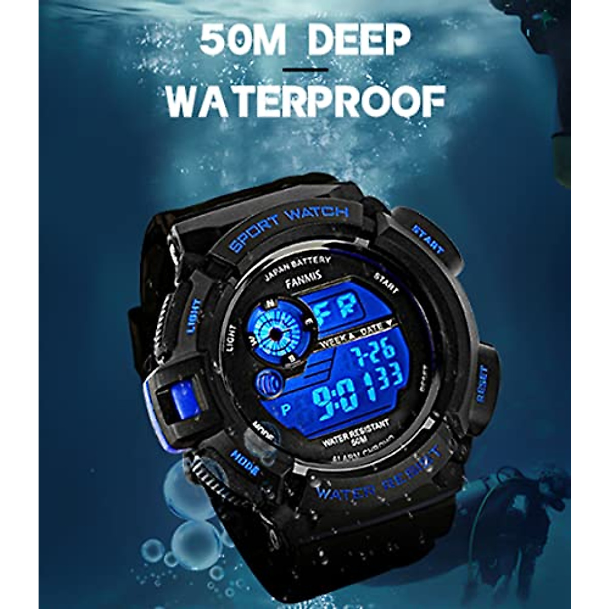 FANMIS Mens Military Multi Function Tactics Digital LED Sports Watch Large Face Electronic Waterproof Alarm Quartz Outdoor Waterproof Watch (Blue)