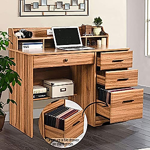 Computer Desk with 4 Drawers and Storage, Small Office Desk with File Drawers and Hutch, Farmhouse Wood Writing Student Table for Home Office, Bedroom, Rustic Oak