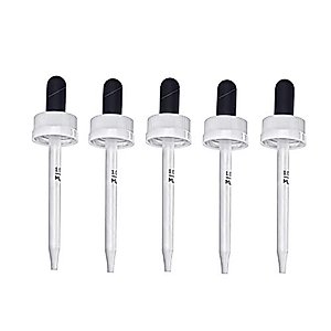 Plastic Eye Dropper 1ml Graduated. 20/400 Neck Finish with Fine-Ribbed Child Resistant White Closure and a Black Bulb. 3 5/16” Pipette Tapered 7mm x 90mm. Pack: (5)