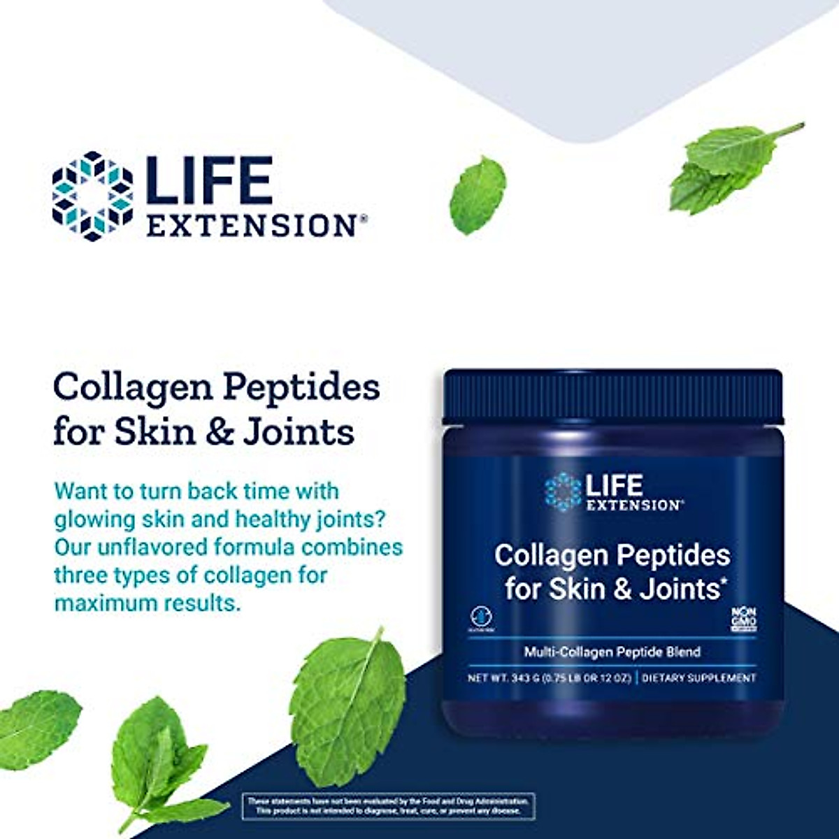 Life Extension Collagen Peptides for Skin & Joints - Hydrolyzed Multi-Collagen Complex Type I, II & III Unflavored Powder for Healthy Bone, Joint and Skin Care - Gluten-Free, Non-GMO - 12 Oz