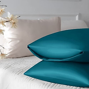 King Satin Pillowcase for Hair and Skin, King Silk Pillowcase 2 Pack, King Size Silk Pillowcase Set of 2 with Envelope Closure, Teal 20x36 inches & 2 Scrunchies by CJ&J HOME