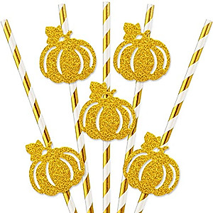 Whaline 50Pcs Thanksgiving Fall Pumpkin Paper Straws Glitter Gold Foil White Stripe Disposable Straws Fall Harvest Drinking Straws with Glue Points for Autumn Thanksgiving Wedding Party Table Decor