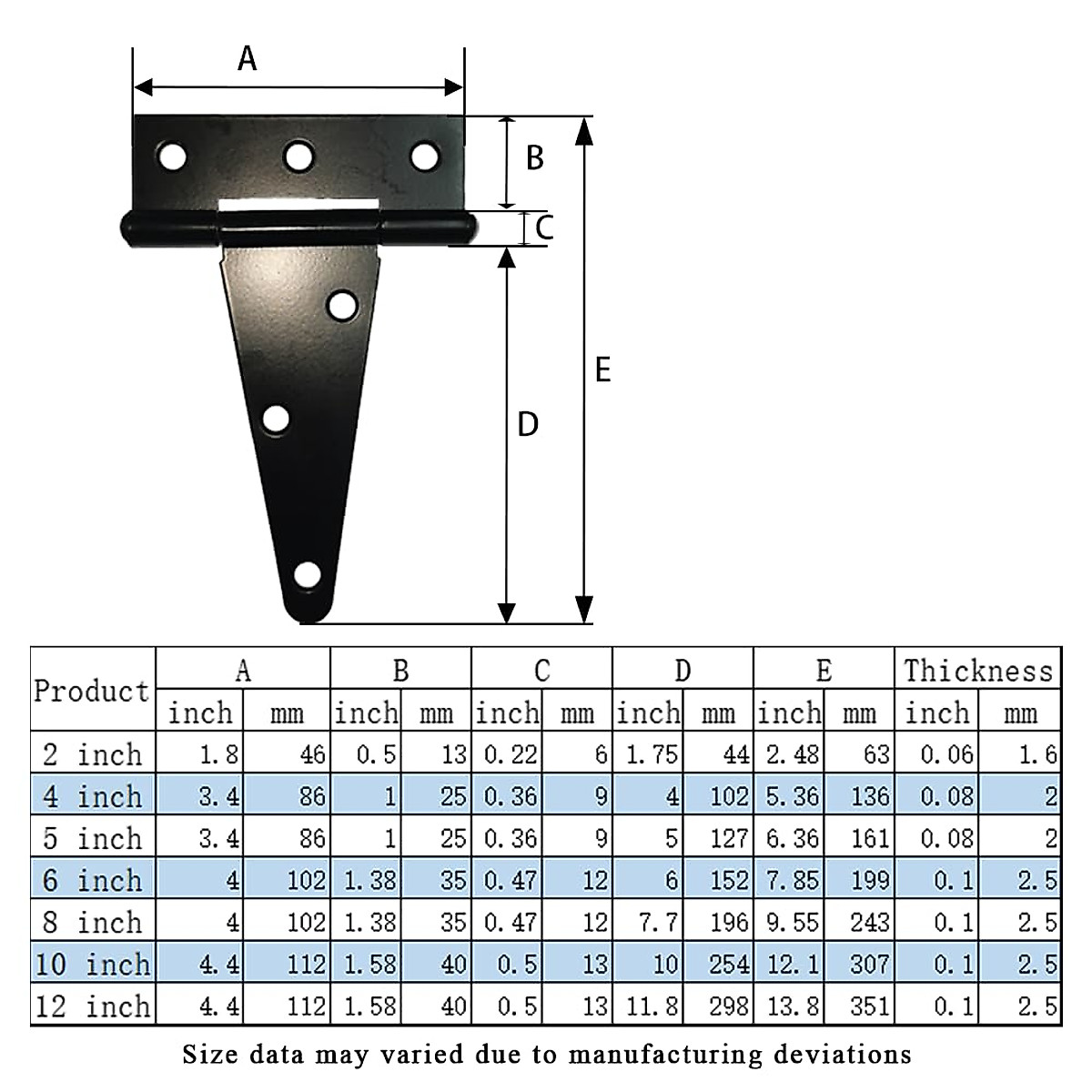 HLMOptimo Heavy Duty T Hinge Tee Hinge T Strap Hinge Shed Hinge Gate Hinge Barn Hinge Fence Hinge Door Hinge Wrought Rustproof All Size Black (6 pcs, 10 inch)