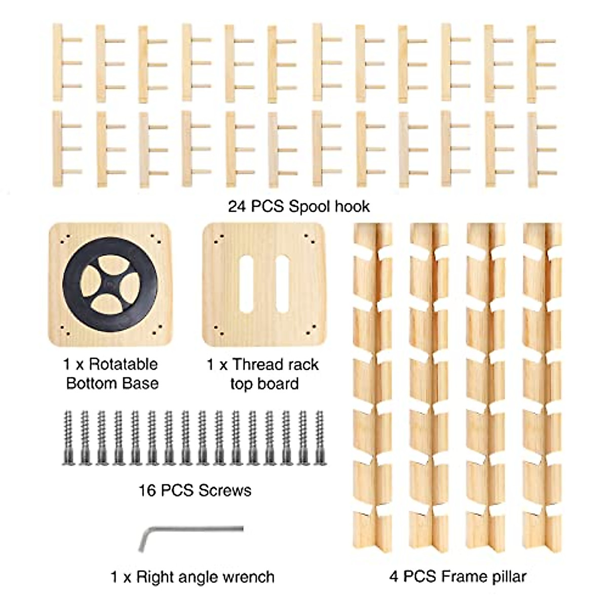 MEGREZ 72 Spools Wooden Thread Holder, 360° Rotate Thread Rack Embroidery Thread Holder Stand for Sewing, Hanging Jewelry, Hair Ring